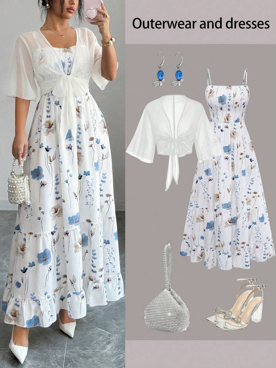 Women's Elegant Chiffon Cardigan + Printed Dress 2-Piece Set, Floral ...