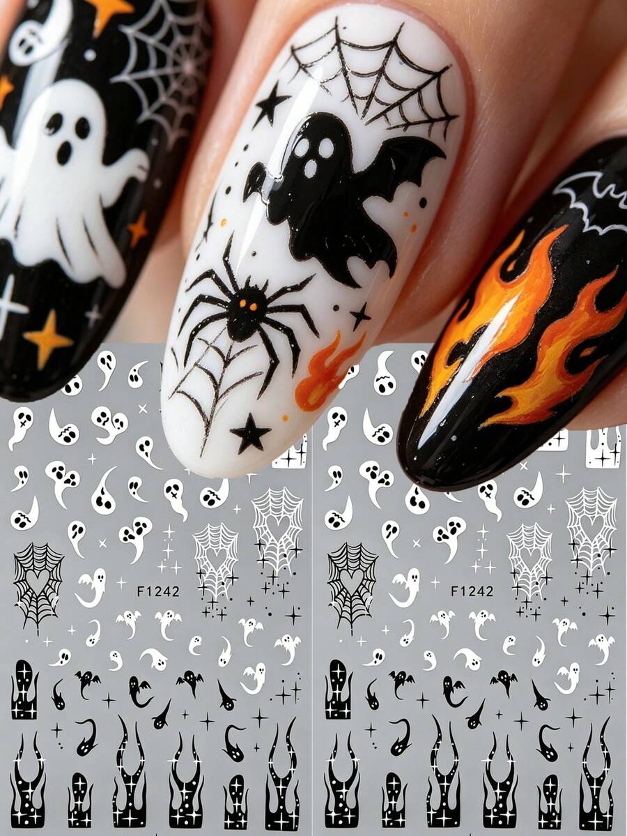 2 Folhas de Adesivos de Arte de Unhas Góticas de Halloween, Fantasma ...