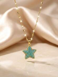 1pc Ocean Series Blue Crystal Decor Five-Pointed Star Pendant Necklace ...