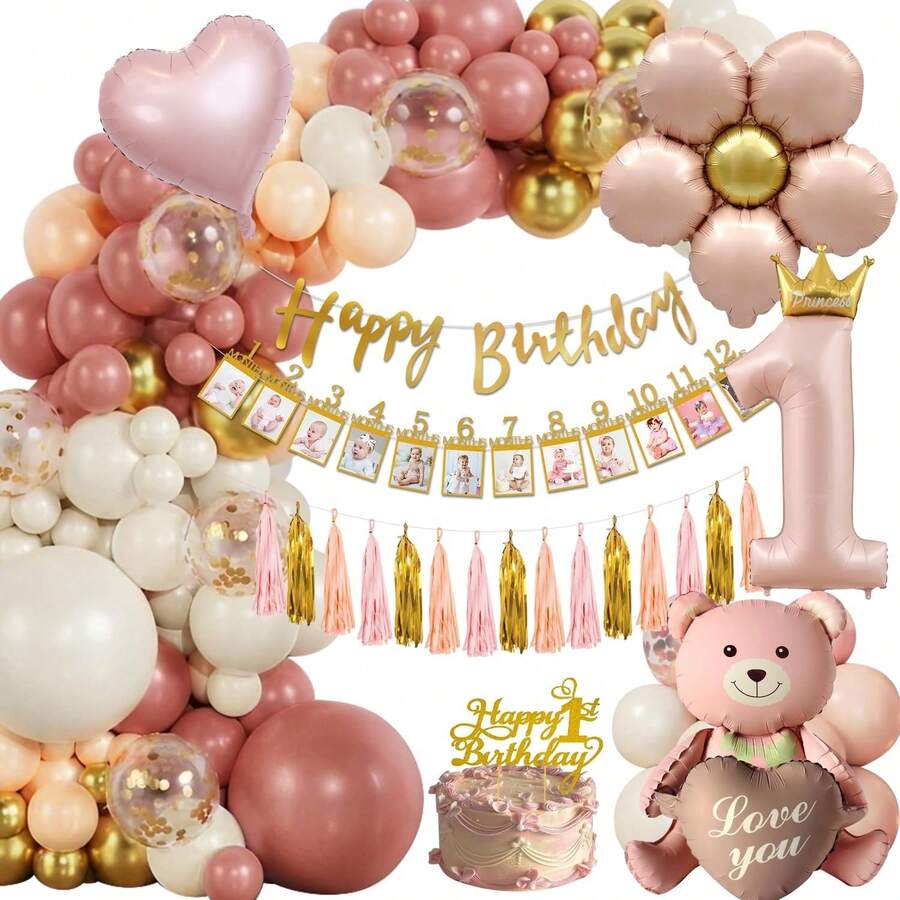 1st Birthday Decorations For - Retro Pink & Gold Balloons, Number 1 ...