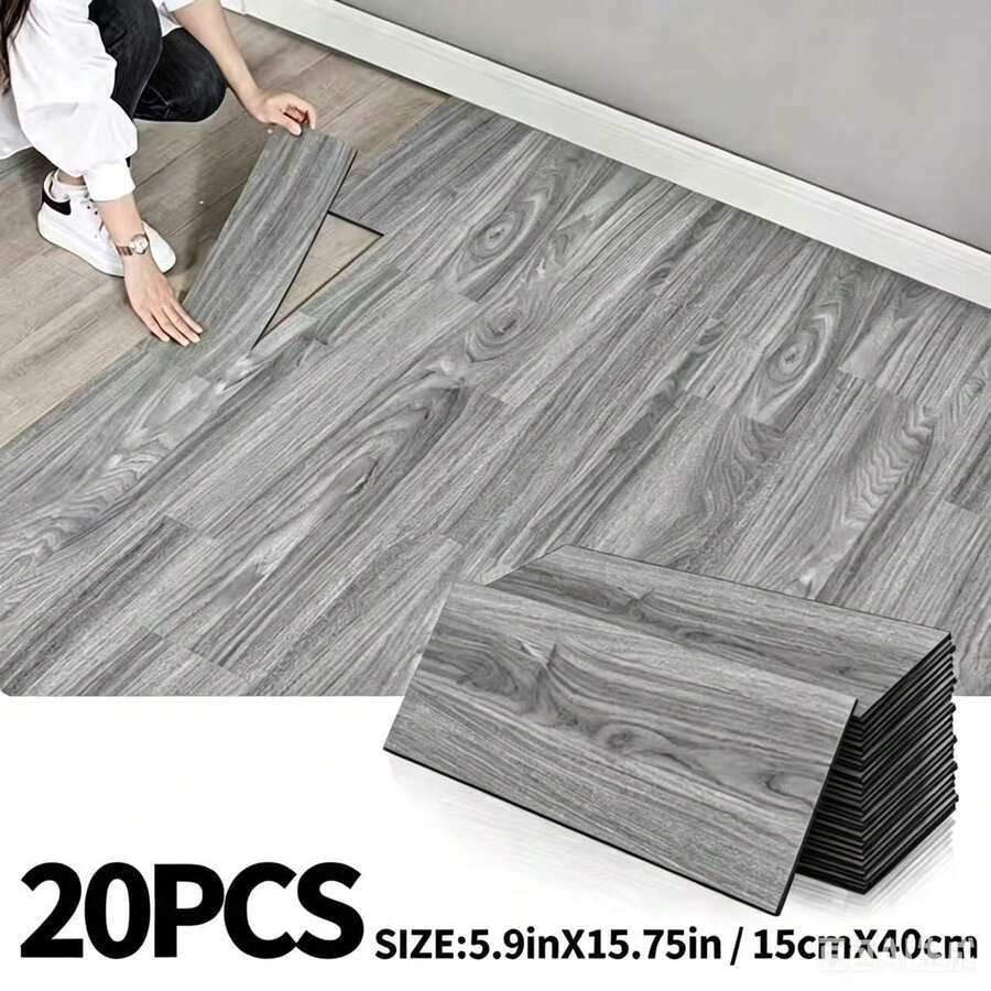 20 Self-Adhesive Vinyl Floor Tiles, Gray/Wood Grain Effect, Featuring A ...