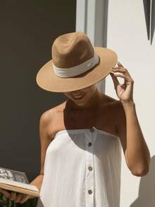 Khaki Wide Brim Straw Fedora Hat With Ivory Ribbon, Women UV Protection ...