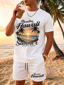Men's Summer Fashion Hawaiian Sunset Pattern Printed Graphic Short ...