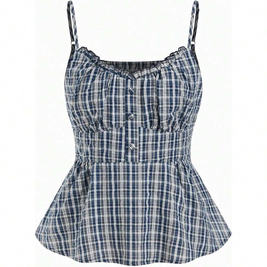 cider Women's Gingham Crop Babydoll Tops V Neck Ruched Ruffle Tie Going ...