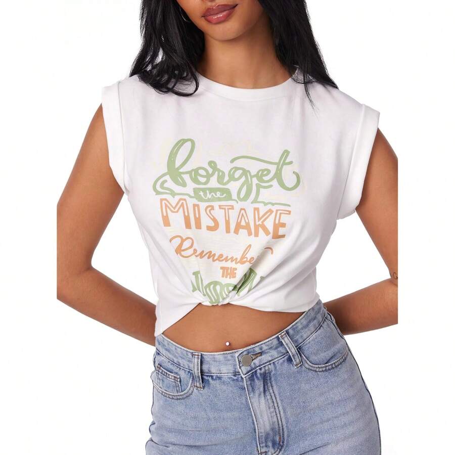 cider Womens Cap Sleeve Graphic Tank Crop Tops Crew Neck Twist Knot ...