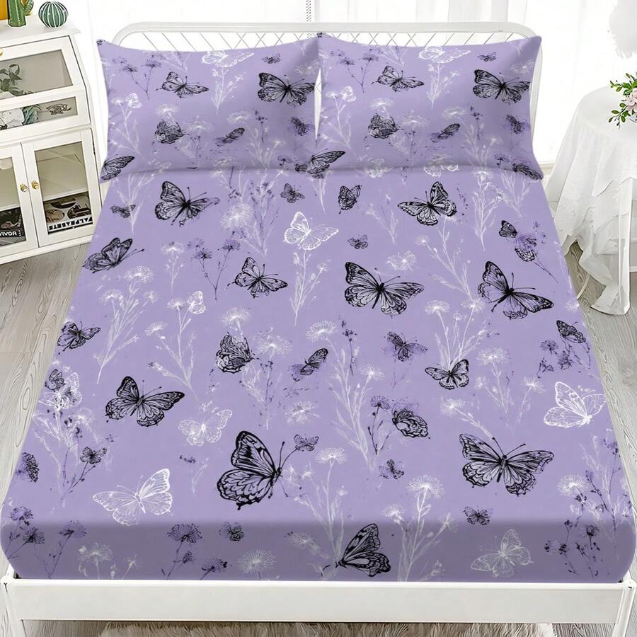 3pcs Dreamy Purple Butterflies Printed Fitted Sheet Set (1 Sheet + 2 ...