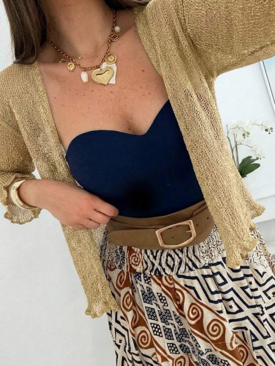 Mori Spring/Summer Y2K Casual Champagne Cardigan Shimmer Knit Open ...