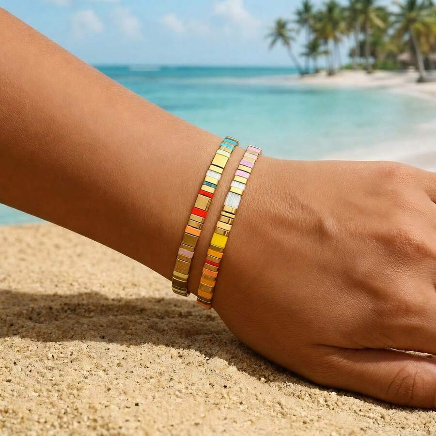 2pcs Women's Colorful TILA Bracelet Set, 18K Gold Plated Geometric ...