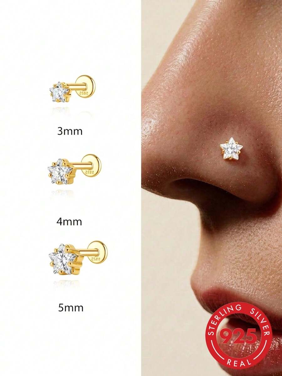 3mm-5mm 925 Sterling Silver Cubic Zirconia Star Flat Back Stud Earrings ...