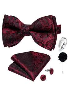 5Pcs Red Paisley Jacquard Men Accessory Set, Bow Tie Pocket Square ...