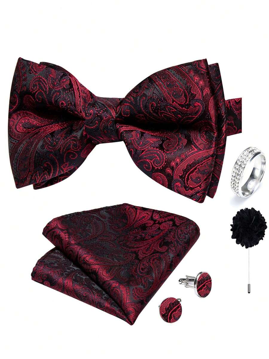 5Pcs Red Paisley Jacquard Men Accessory Set, Bow Tie Pocket Square ...