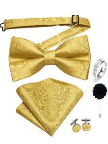 5Pcs Yellow Paisley Jacquard Men Accessory Set, Bow Tie Pocket Square ...