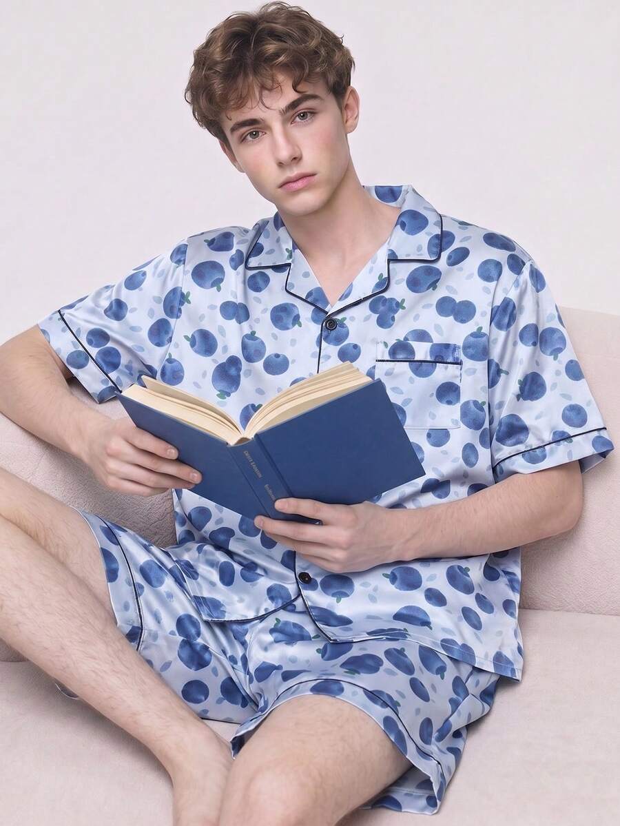 Men's 2-Piece Blueberry Print Short Sleeve & Shorts Pajama Set, Casual ...