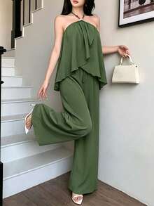 abyoxi Army Green Spaghetti Strap Ruffle Camisole Top & Drawstring High ...