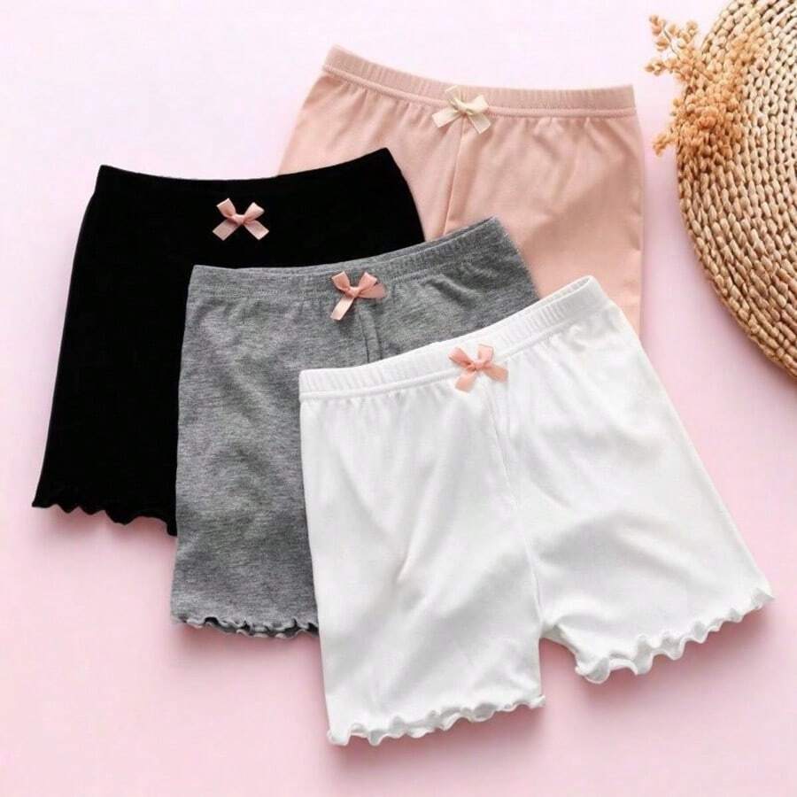 4pcs/Pack Girls Black Casual Shorts, Minimalist Ruffle Decor Safety ...