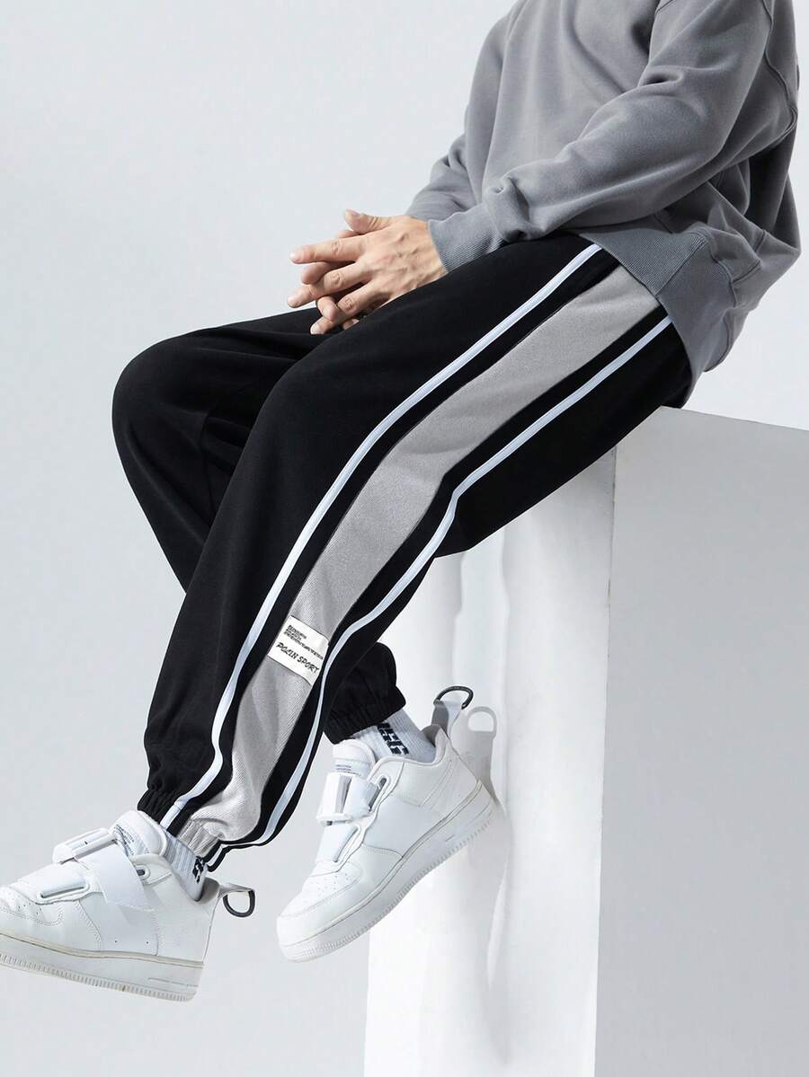 Men's Side Gradient Cuffed Sweatpants, Contrast White Stripe Casual ...