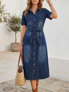 Traceable Women's Deep Blue Cinched Waist Long Short Sleeve Denim Dress ...