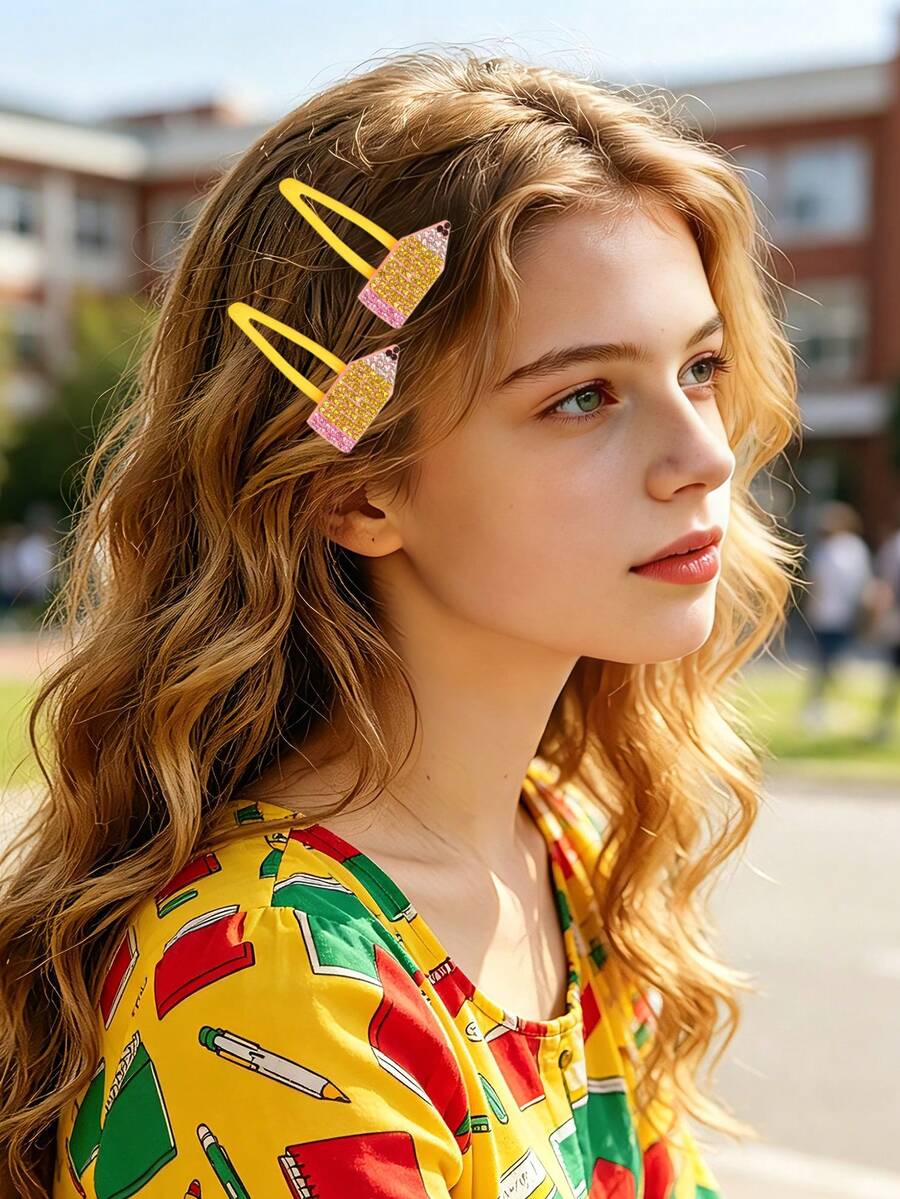 10pcs Cute Glitter Pencil BB Hair Clips, Yellow Rhinestone Mini Metal ...