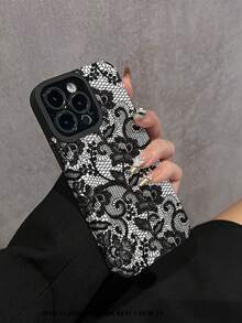 Black Lace Print 2D Painted Ins Style Phone Case Compatible With XR ...
