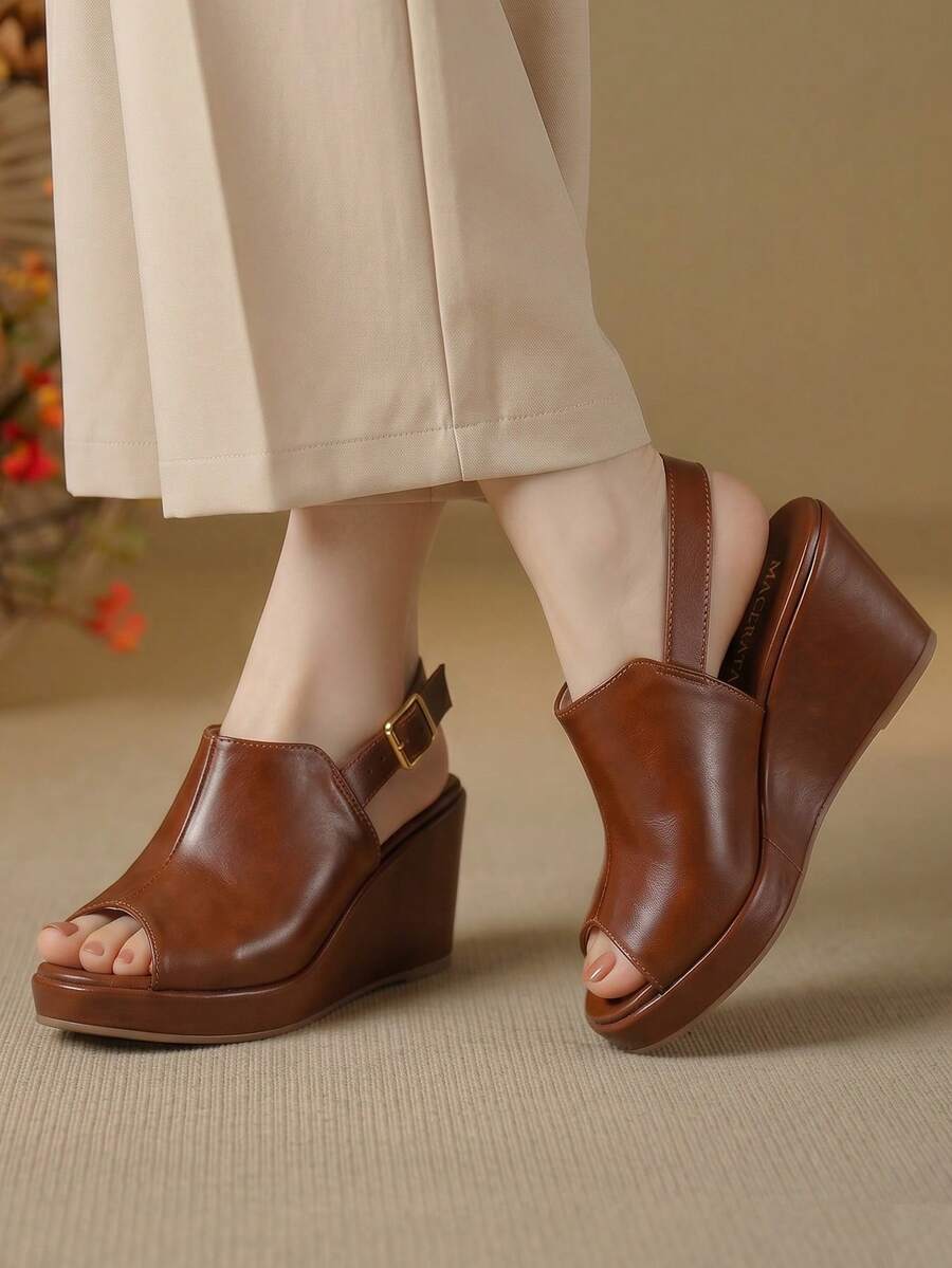 Sandália Anabela Feminina Plataforma Peep Toe com Fivela Ajustável ...