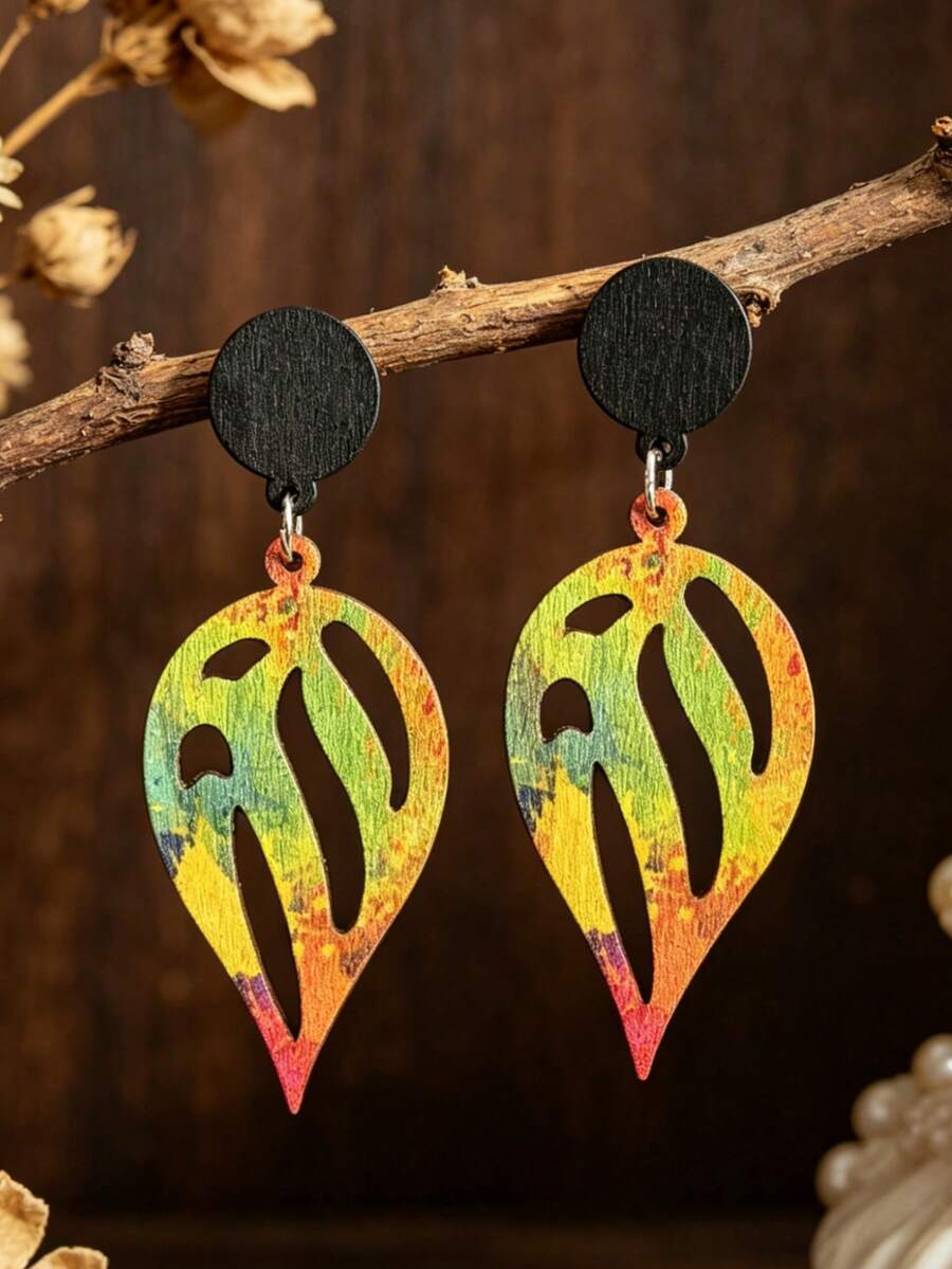 1 Pair Rainbow Style Matte Black Wooden Round Disc & Watercolor Tie Dye ...