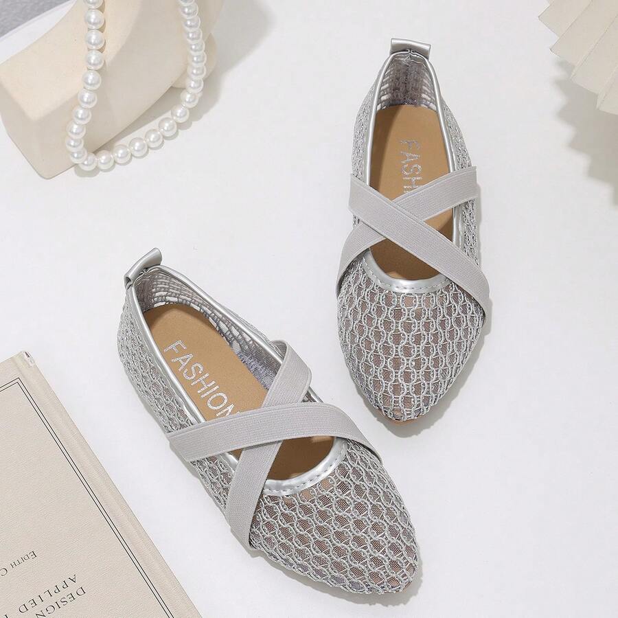 1 Pair Sweet Pointed Toe Silver Girls Flat Shoes, Mesh/Net/Lace ...