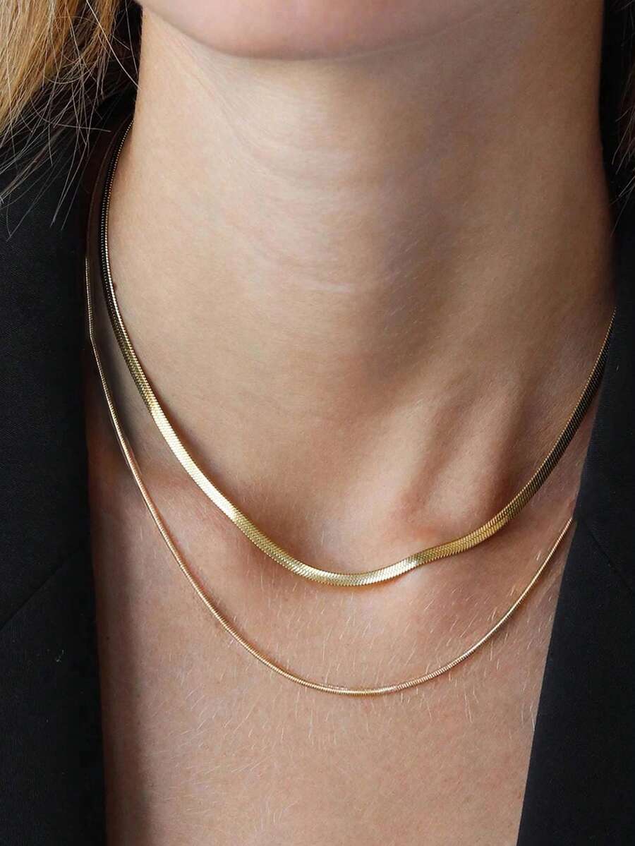 1pc Stainless Steel Double Layer Necklace, Minimalist Herringbone Chain ...
