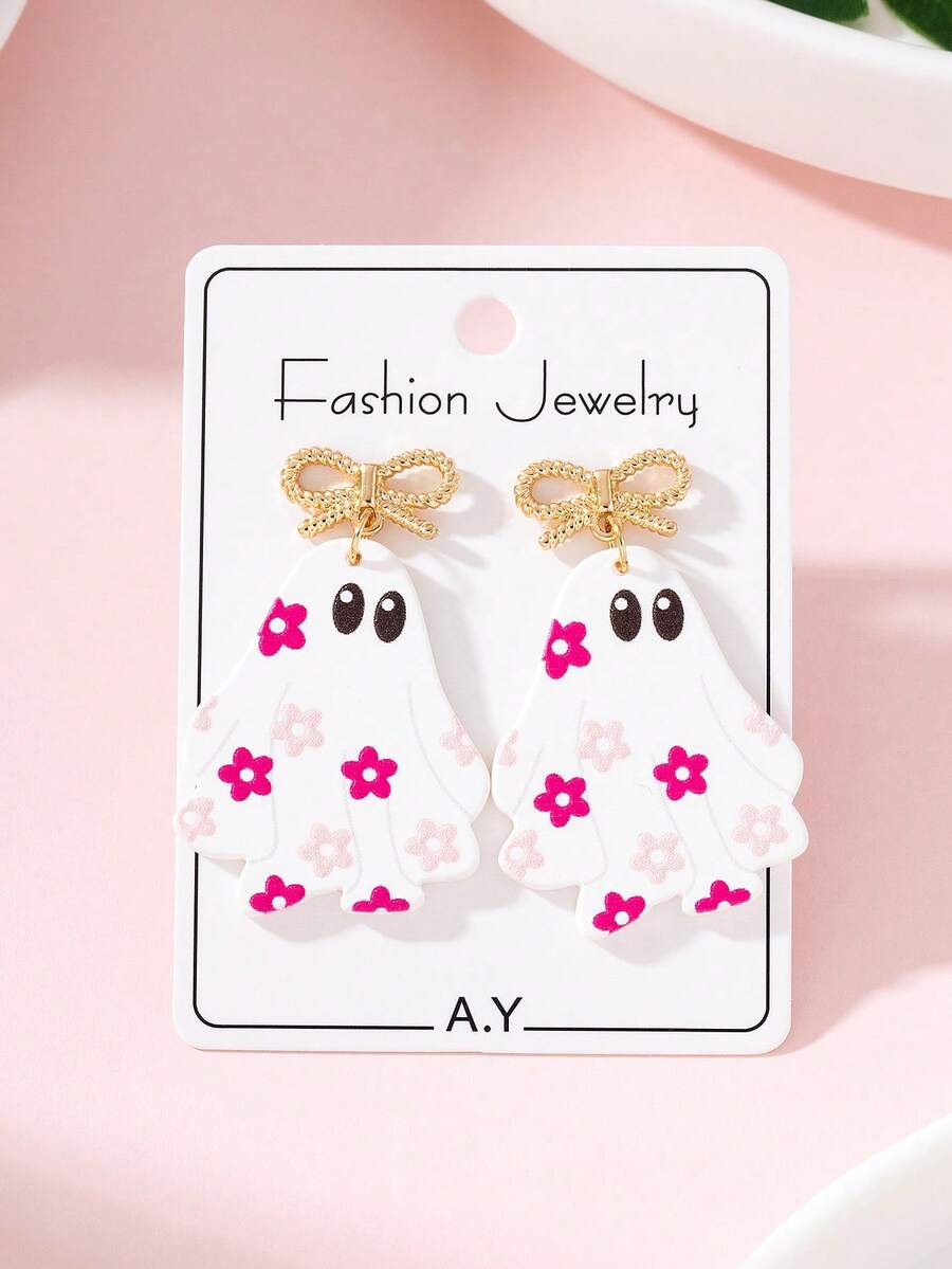1 Pair Halloween Cute Bow Flower Ghost Enamel Faux Soft Clay Texture ...