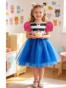 Girls Cartoon Cat Striped Design Kids Costume Halloween Carnival ...
