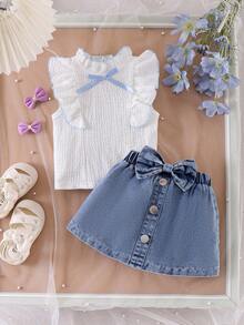 2pcs Baby Girls' Casual Cute Ruffle Collar Blouse + Bow Denim Skirt Set ...