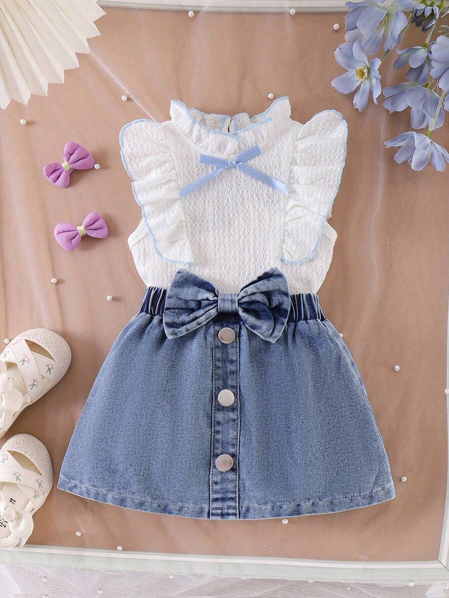 2pcs Baby Girls' Casual Cute Ruffle Collar Blouse + Bow Denim Skirt Set ...