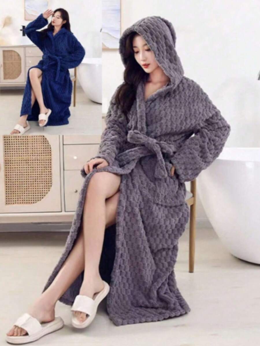 1pc Coral Fleece 3D Textured Hooded Bathrobe, Length 113cm/44.48in, Men ...