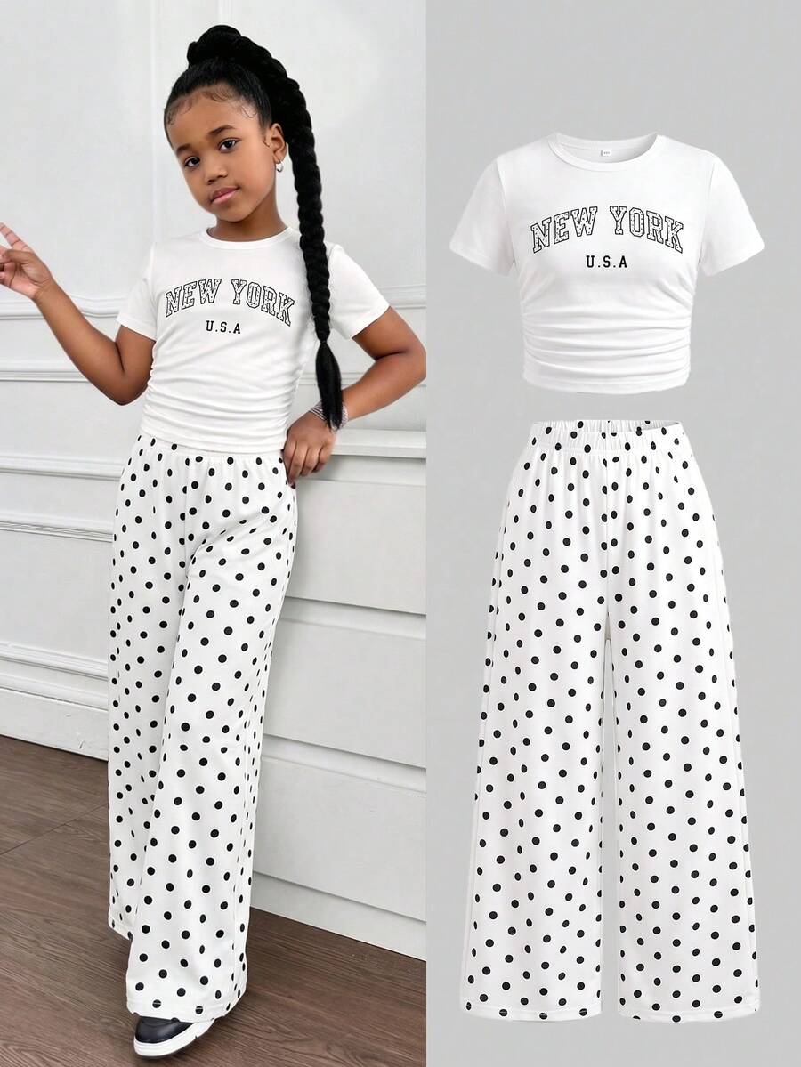 Girls' Summer Minimalist 2pcs Set Letter Print Cropped T-Shirt + Polka ...