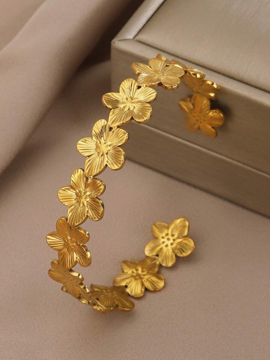 1pc Stainless Steel 18K Gold Plated Fashion Popular Plumeria Bracelet ...