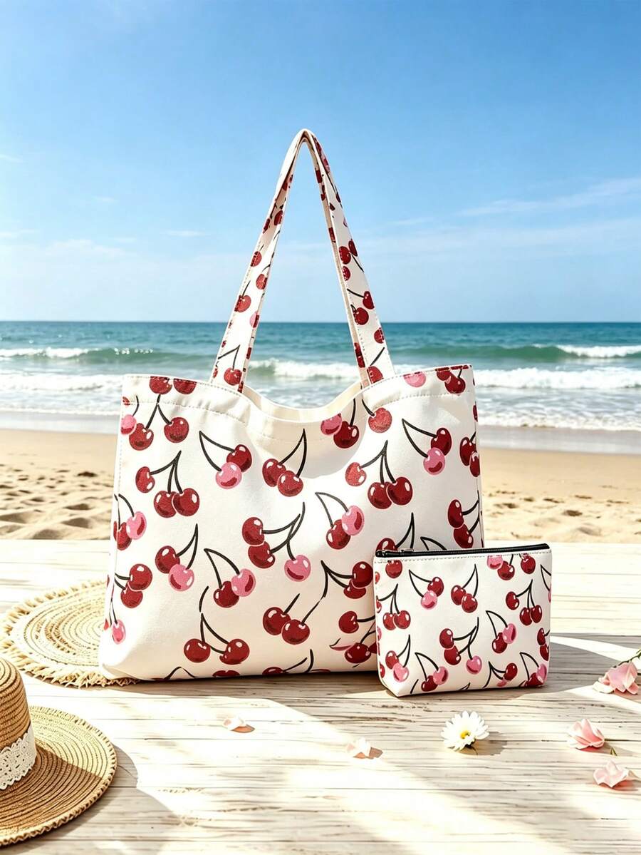 New Large Capacity Elegant Commuter Tote Bag, Women Cute Cherry Print ...