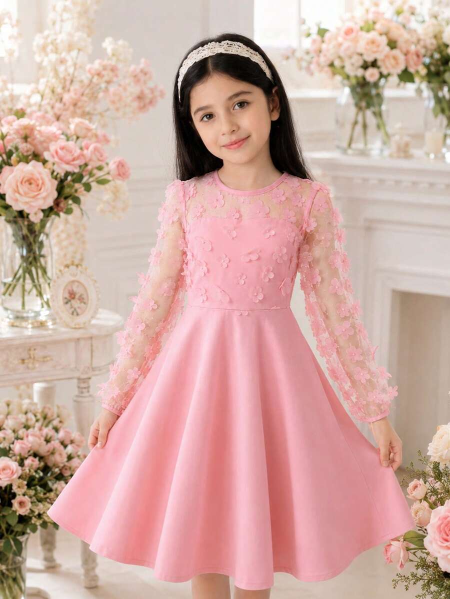Girls' Elegant Sweet 3D Floral Mesh Long Sleeve Round Neck Dress ...
