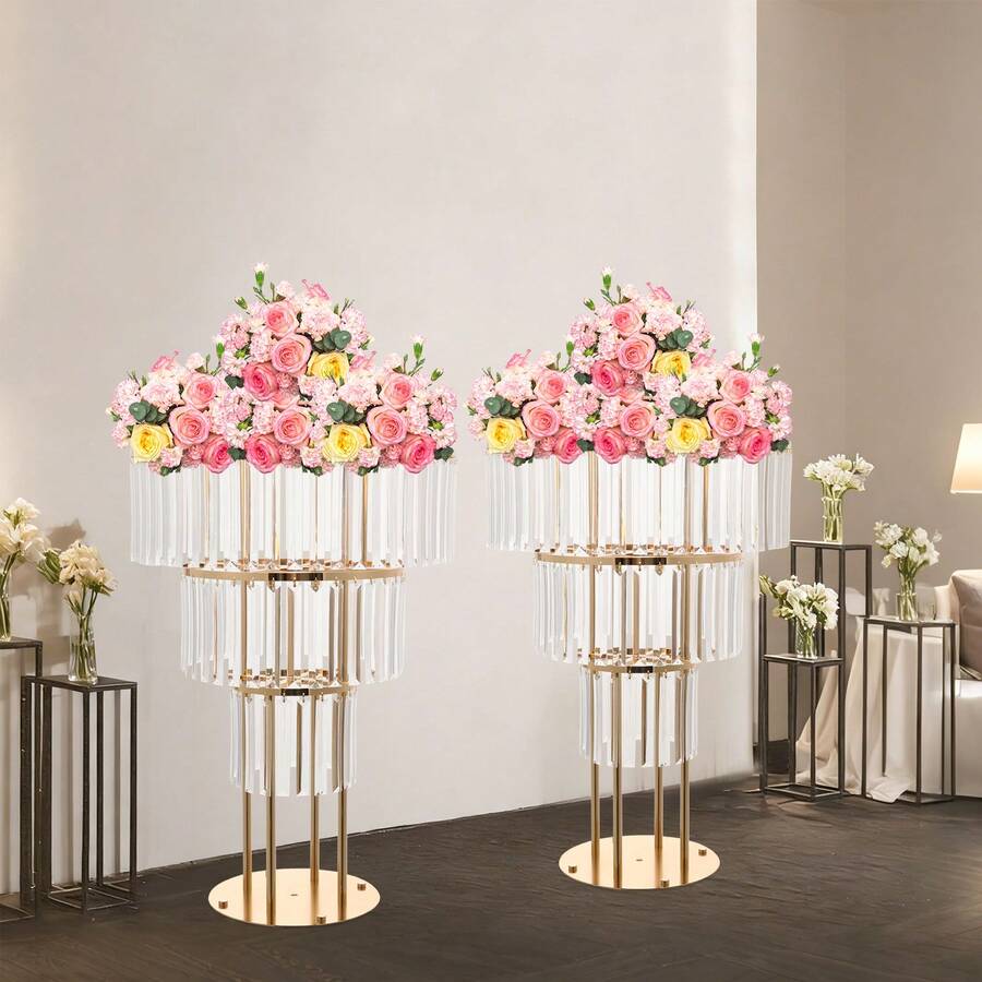2Pcs Gold Iron Acrylic 3-Tier Flower Stand With Pendants, 28.34in ...