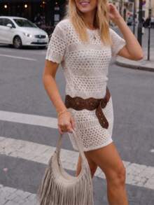 Women's Short Sleeve Hollow Stripe Knit Loose Dress, Round Neck Sheer ...