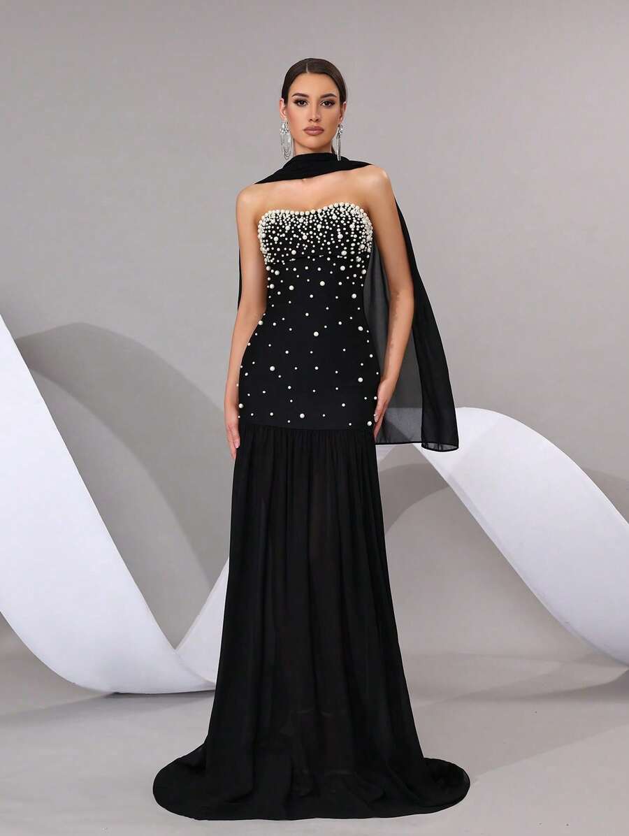 Black Strapless Beaded Pearl Decor Long Dress With Cape Overlay Perfect ...