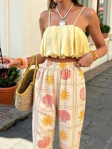 Women's Casual Spaghetti Strap Pleated Puff Crop Top And Wide Leg Beach ...