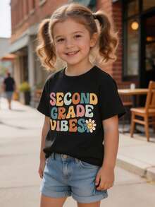 Young Girl Floral & Letter Slogan Print Short Sleeve T-Shirt, Back To ...