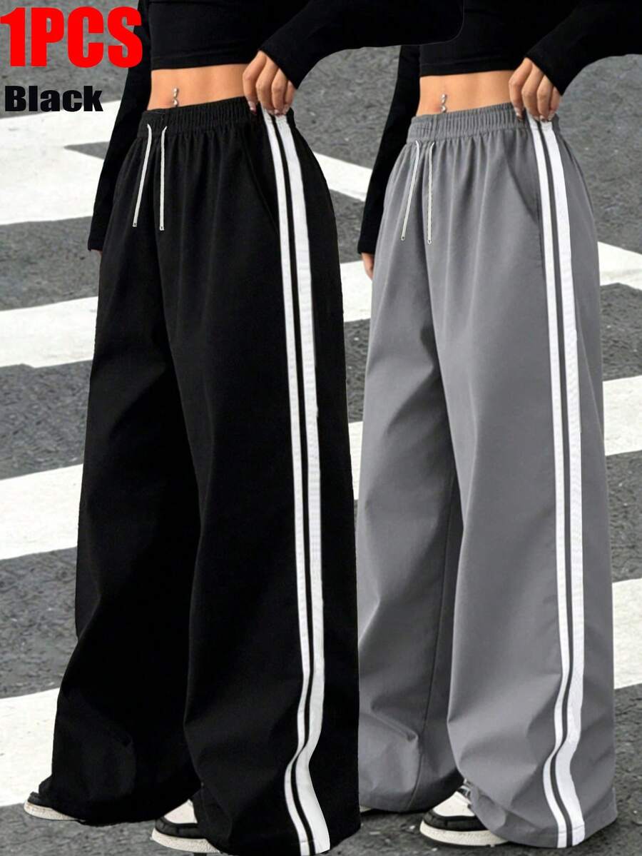 Women's High Waist Elastic Waistband + Drawstring Design Striped Wide ...