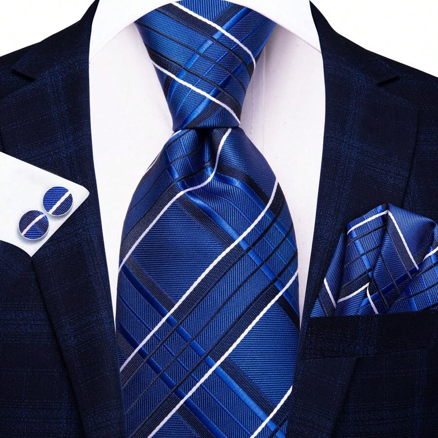 3Pcs Blue Plaid Tie Pocket Square Cufflinks Set, Cufflinks Pattern ...