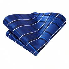 3Pcs Blue Plaid Tie Pocket Square Cufflinks Set, Cufflinks Pattern ...