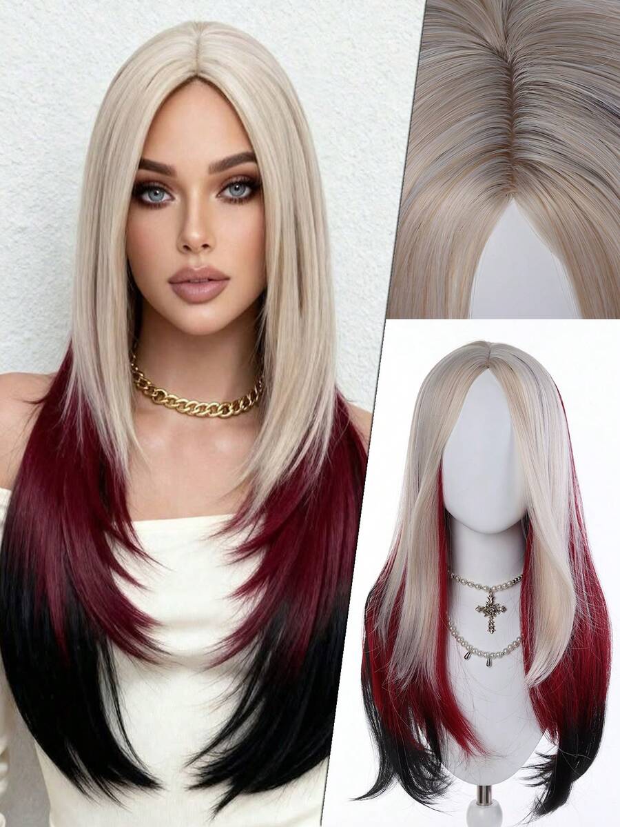 Blonde Burgundy Black Ombre Layered Long Wig Middle Part Synthetic Hair ...