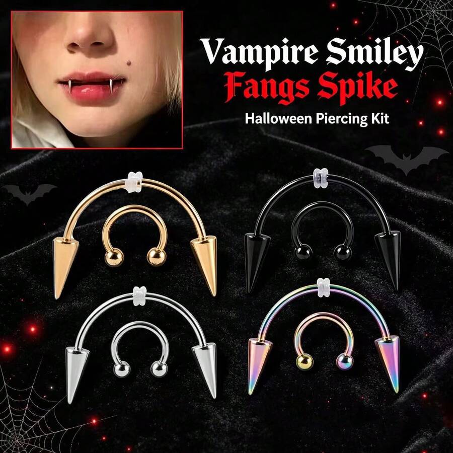 Halloween Vampire Fangs Piercing Set Cone Spike C Shape Lip Ring Gothic ...