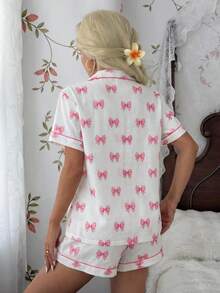2pcs Women's Comfortable Bow Print Short Sleeve Collared Top And Bow ...