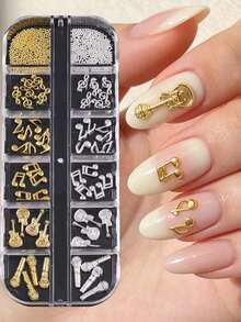 12 Grids Music Theme Metal Nail Charms Set, Gold Silver Musical Note ...