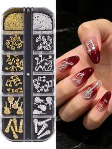 12 Grids Music Theme Metal Nail Charms Set, Gold Silver Musical Note ...