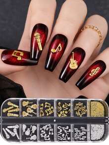 12 Grids Music Theme Metal Nail Charms Set, Gold Silver Musical Note ...